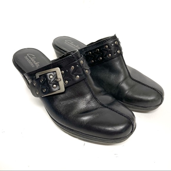 Clarks | Shoes | Clarks Womens Black Mules Clogs Leather Uppers Block ...